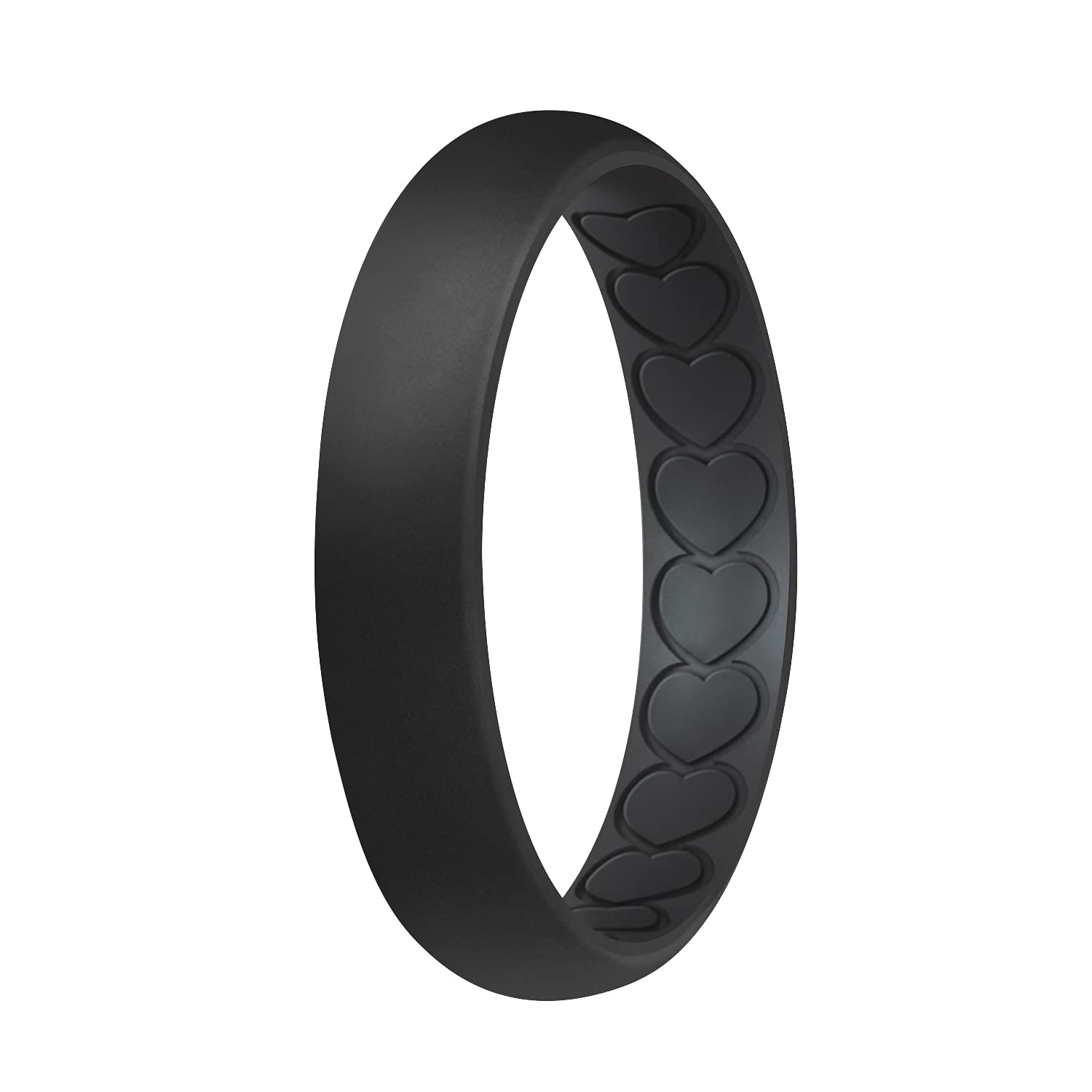 ROQ Silicone Rubber Wedding Ring for Women, Thin Inner Hearts, Breathable Silicone Wedding Band, Anniversary Ring, Promise Ring, 4mm Wide 2mm Thick, Single, Black, Size 7