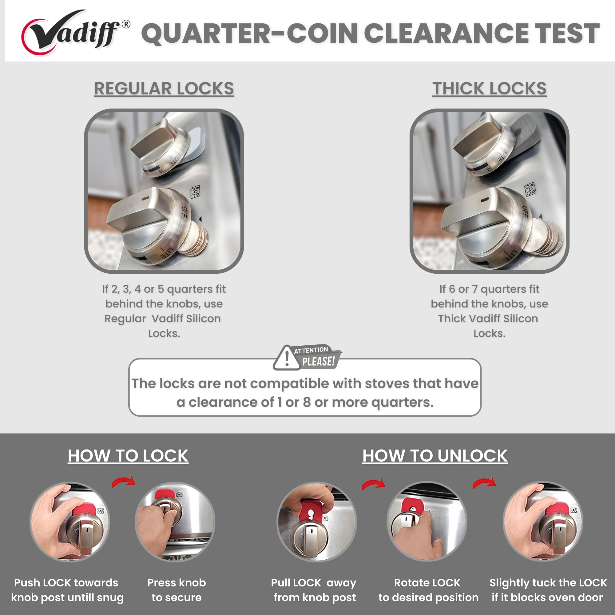 Vadiff Silicone Gas Stove Child Safety Knob Locks | Oven Knob Guard (5 Pk)(Gray)