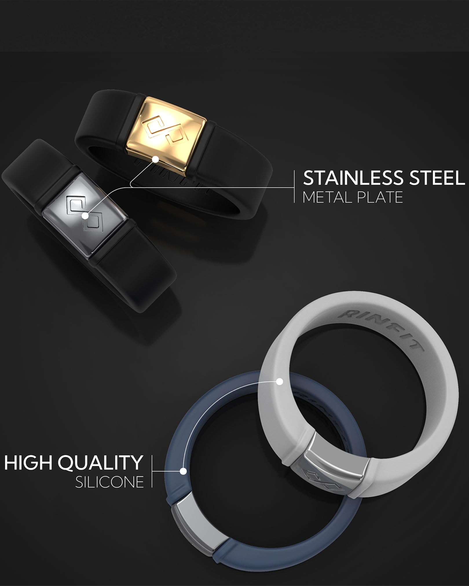 Rinfit Silicone Rings for Men - Mens/Womens Silicone Wedding Bands - Infinity Ring with Metal Plate - Rubber Rings Men/Women - Metalnfinity Collection - Gold & Black - Size 11