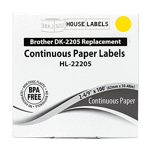 HOUSELABELS Compatible with DK-2205 Replacement Roll for Brother QL Label Printers; Yellow Continuous Length Labels; 2-4/9" x 100 feet (62mm*30.48m) with 1 Reusable Cartridge - 5 Rolls