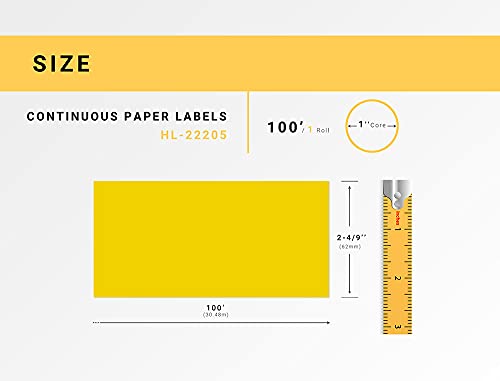HOUSELABELS Compatible with DK-2205 Replacement Roll for Brother QL Label Printers; Yellow Continuous Length Labels; 2-4/9" x 100 feet (62mm*30.48m) with 1 Reusable Cartridge - 5 Rolls