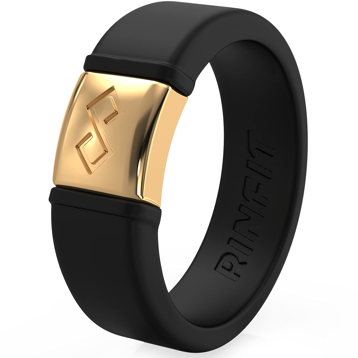 Rinfit Silicone Rings for Men - Mens/Womens Silicone Wedding Bands - Infinity Ring with Metal Plate - Rubber Rings Men/Women - Metalnfinity Collection - Gold & Black - Size 11