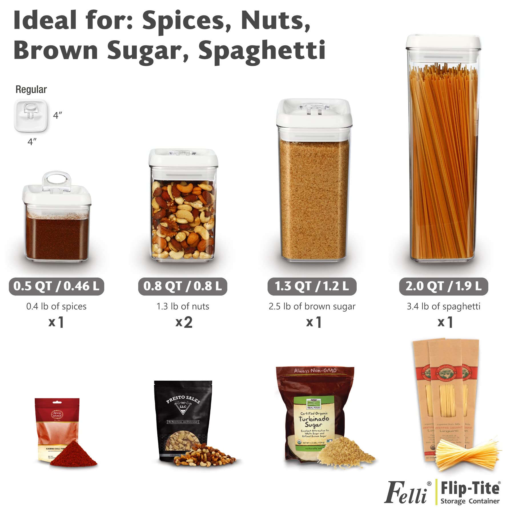 Felli Flip Tite Food Storage Container 5PC Variety Set White Lids Airtight Seal Pantry Fridge Organizer Kitchen Counter Organization Canister Spice Snack Pasta Candy Coffee Bean Valentines Day Gifts for Women