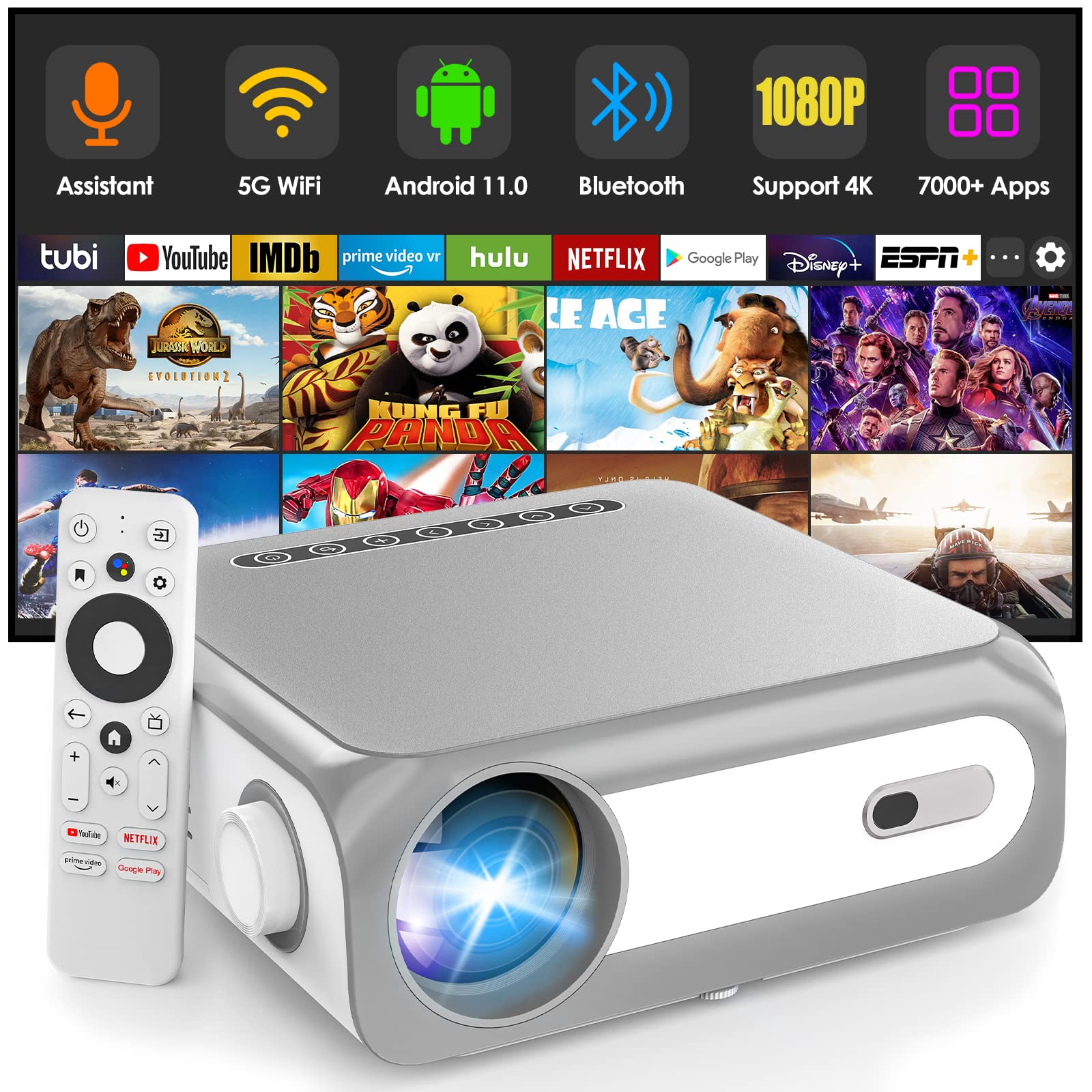Smart Projector, Android 11.0 Native 1080P Portable WiFi and Bluetooth Projector, Outdoor 4K Projector Support Netflix & Prime Online Video & 8000+APPs, Auto Focus Home Theater Gaming Proyector