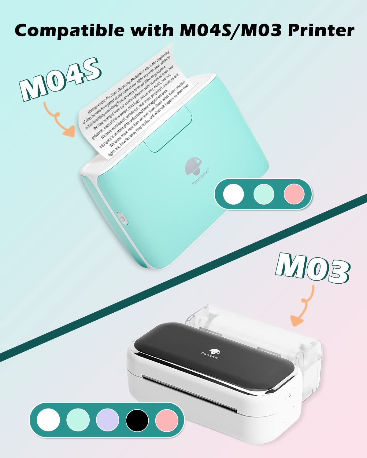 Phomemo M04S Portable Thermal Printer with 80mm White Non-Adhesive Thermal Paper 3 Rolls