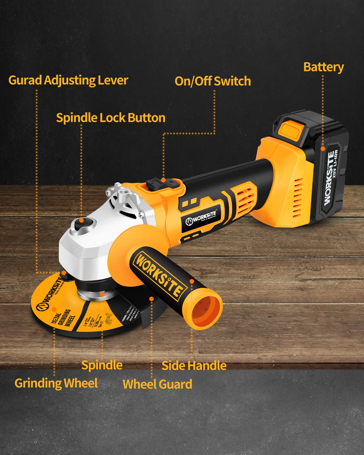 WORKSITE Cordless Angle Grinder, 4-Pole Motor, 4-1/2 Inch Cordless Grinder w/4.0A Battery & Fast Charger, 3-Position Adjustable Auxiliary Handle, Cutting Wheels, Grinding Wheels and Flap Discs