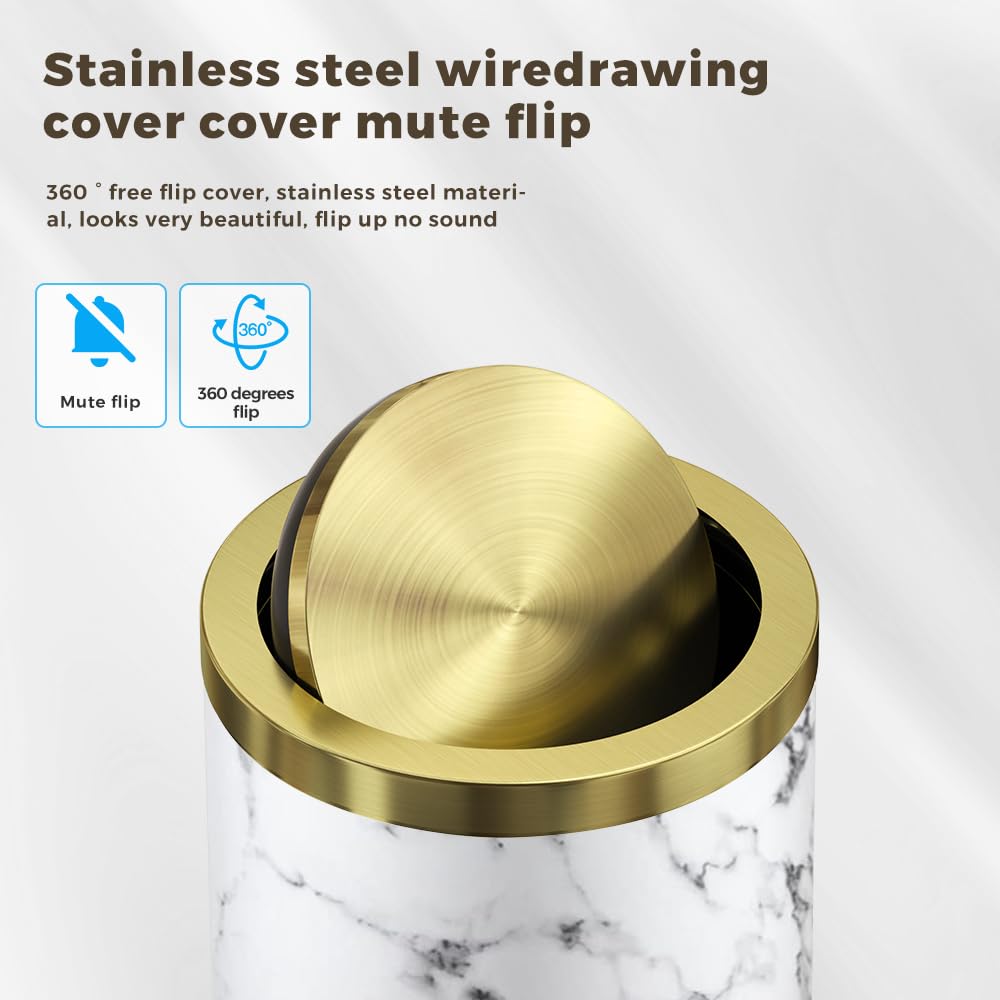 LEASYLIFE 15L4gallon,Leather Trash can,Bathroom Garbage can with lid,Trash Can with Flipping Lid,Garbage cans for Kitchen,Living Room. Metallic Gold (Marble)