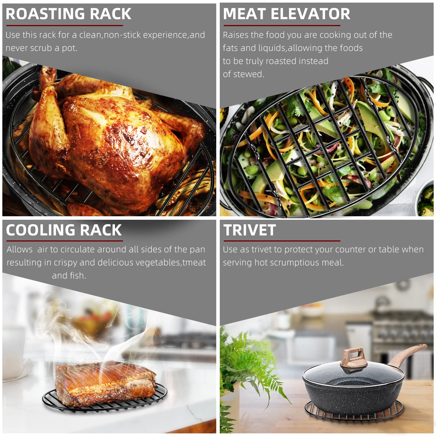 DIMESHY Roasting Rack, Black with Integrated Feet, Enamel Finished, Nonstick, fit for 15 inches oval roasting pan, safety, dishwasher, Great for Basting, Cooking, Drying, Cooling rack. (12.5”x 8.5”)
