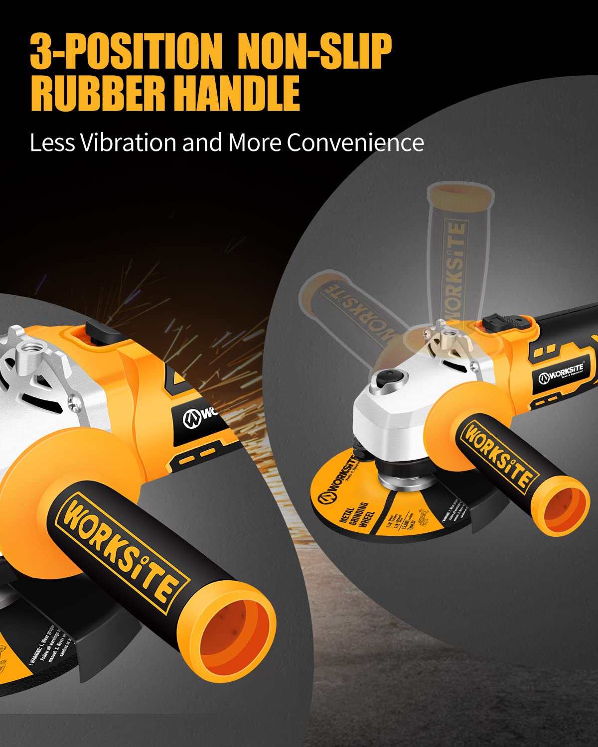 WORKSITE Cordless Angle Grinder, 4-Pole Motor, 4-1/2 Inch Cordless Grinder w/4.0A Battery & Fast Charger, 3-Position Adjustable Auxiliary Handle, Cutting Wheels, Grinding Wheels and Flap Discs