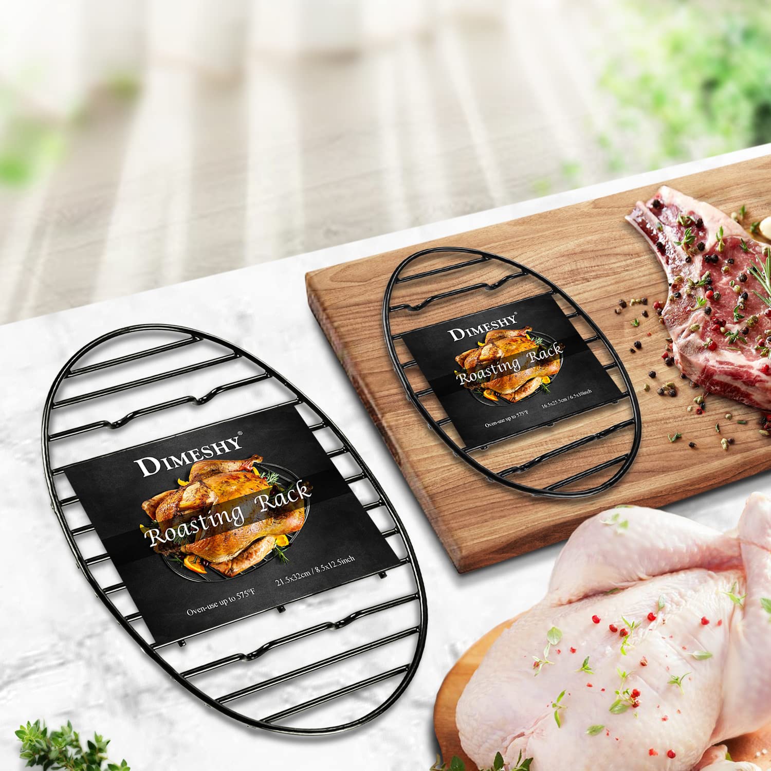 DIMESHY Roasting Rack, Black with Integrated Feet, Enamel Finished, Nonstick, fit for 15 inches oval roasting pan, safety, dishwasher, Great for Basting, Cooking, Drying, Cooling rack. (12.5”x 8.5”)