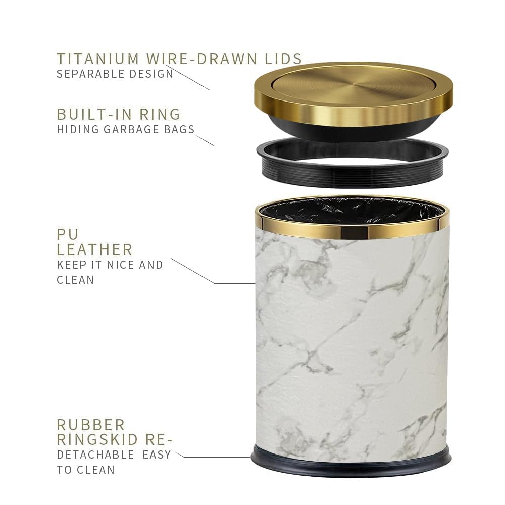 LEASYLIFE 15L4gallon,Leather Trash can,Bathroom Garbage can with lid,Trash Can with Flipping Lid,Garbage cans for Kitchen,Living Room. Metallic Gold (Marble)