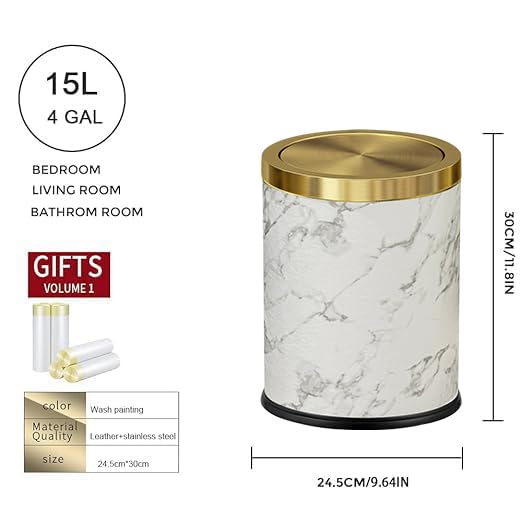 LEASYLIFE 15L4gallon,Leather Trash can,Bathroom Garbage can with lid,Trash Can with Flipping Lid,Garbage cans for Kitchen,Living Room. Metallic Gold (Marble)