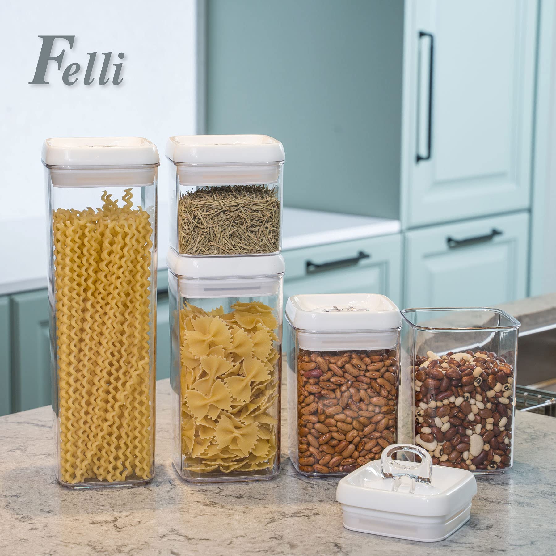 Felli Flip Tite Food Storage Container 5PC Variety Set White Lids Airtight Seal Pantry Fridge Organizer Kitchen Counter Organization Canister Spice Snack Pasta Candy Coffee Bean Valentines Day Gifts for Women