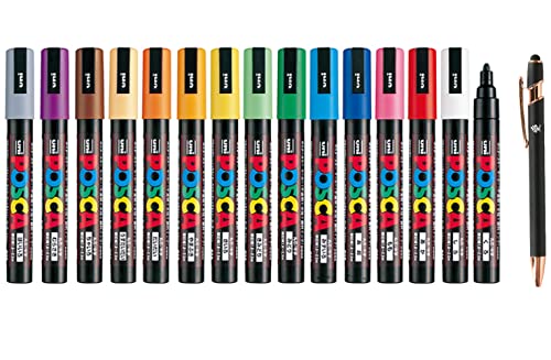 Uni Paint Marker Poster Color 15 Marking Pen Medium Point PC-5M Standard Color Set With Original Stylus Ballpoint Touch Pen
