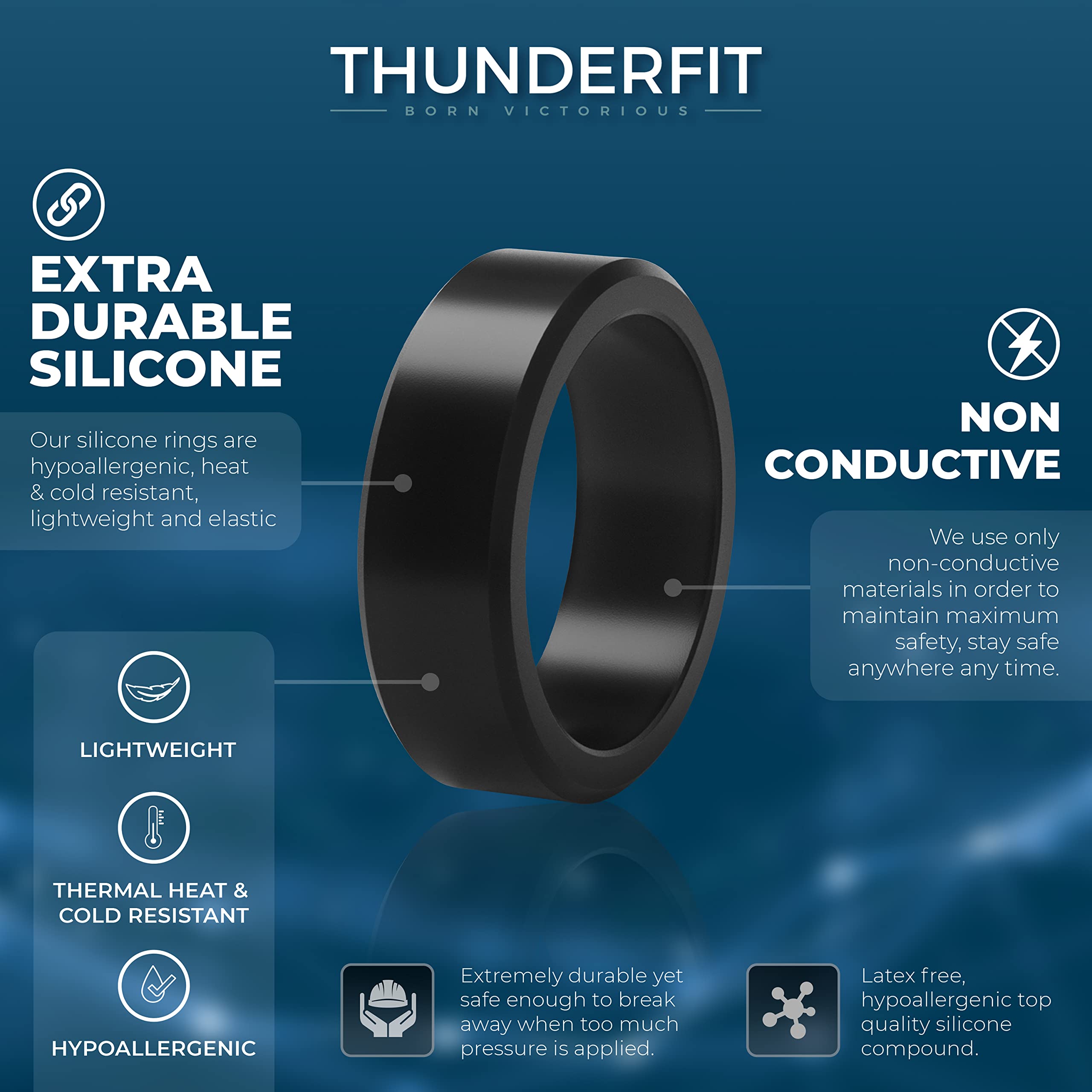 ThunderFit Silicone Rings for Men, Flat Top Angled Edge Rubber Wedding Bands 9.8mm Wide 2mm Thick - 1/4/7 Variety Multipack (Dark Blue, Dark Green, Black, Dark Grey - Size 9.5-10 (19.8mm))