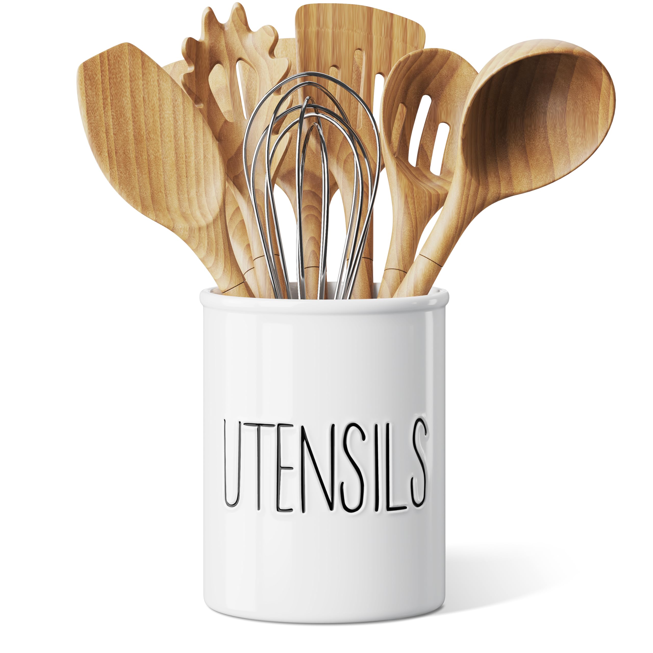 Barnyard Designs Ceramic Farmhouse Kitchen Utensil Holder for Countertop, Decorative Kitchen Utensil Holder, Large Kitchen Utensil Holder for Kitchen Counter, Utensil Crock Spatula Holder, 7" White