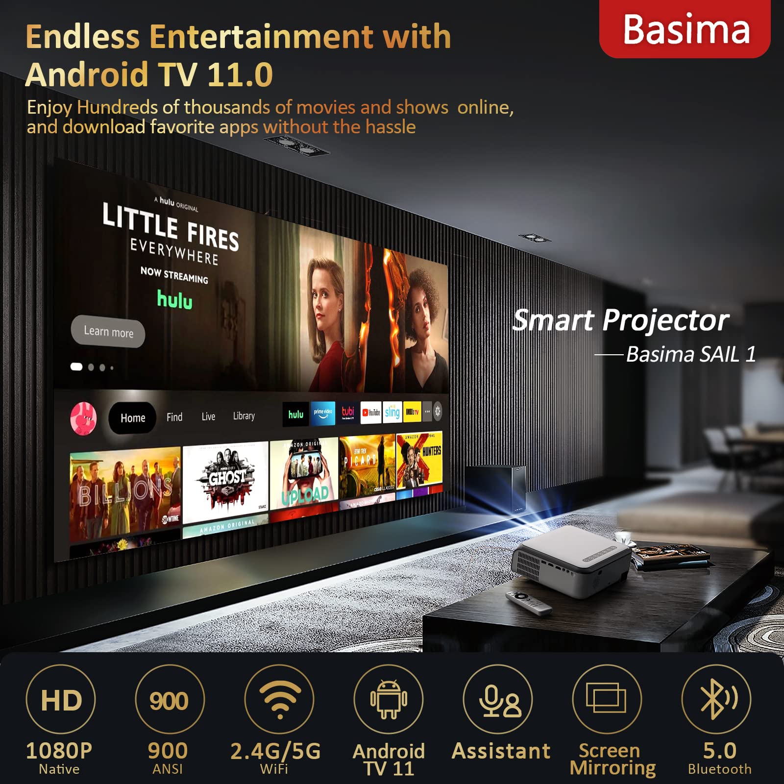 Smart Projector, Android 11.0 Native 1080P Portable WiFi and Bluetooth Projector, Outdoor 4K Projector Support Netflix & Prime Online Video & 8000+APPs, Auto Focus Home Theater Gaming Proyector