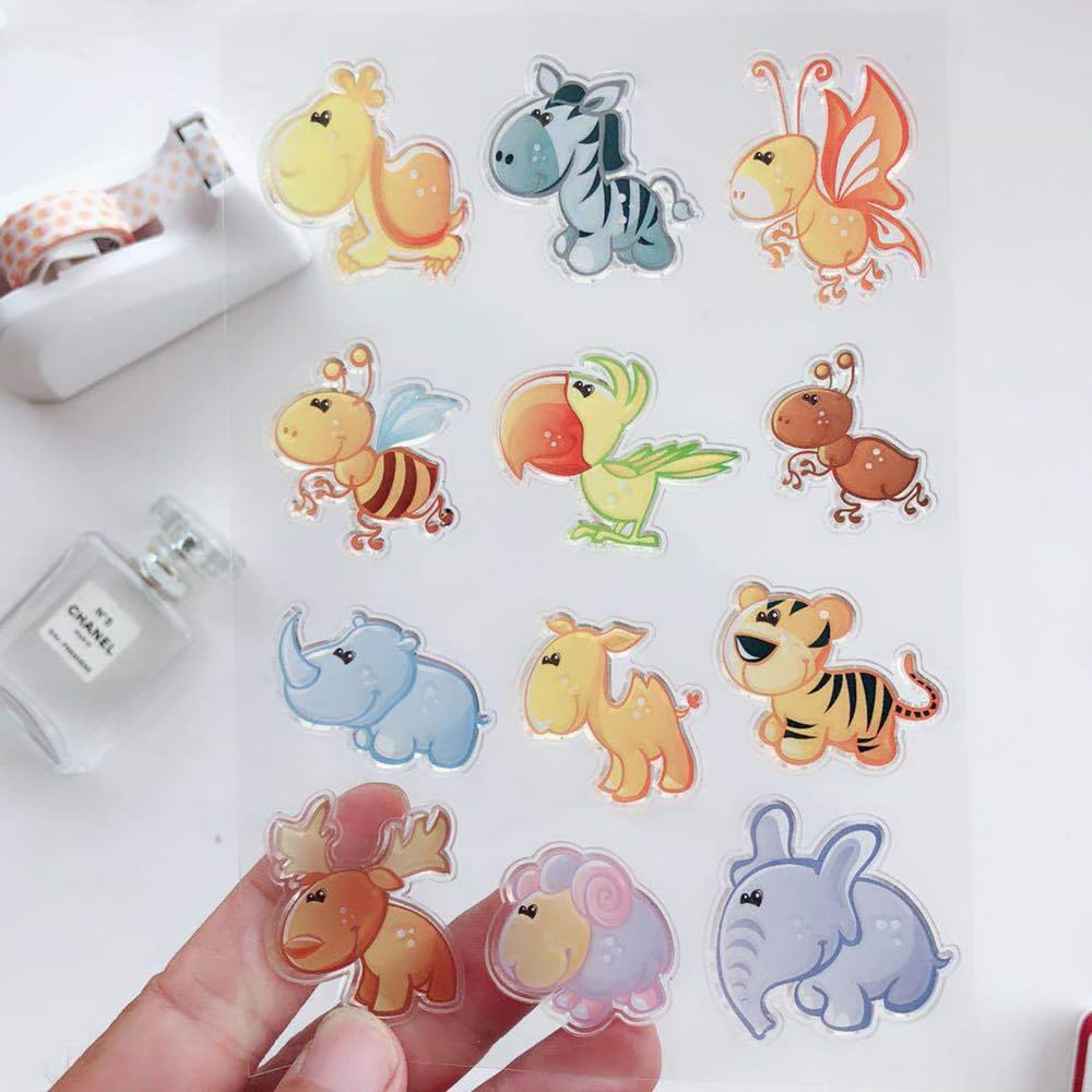 Colorful Cartoon Animals Zebra Bee Rhinoceros Elephant Tiger Ant Camel Clear Stamps Transparent Silicone Stamp Album Cards Rubber Stamp for Card Making Decoration and DIY Scrapbooking