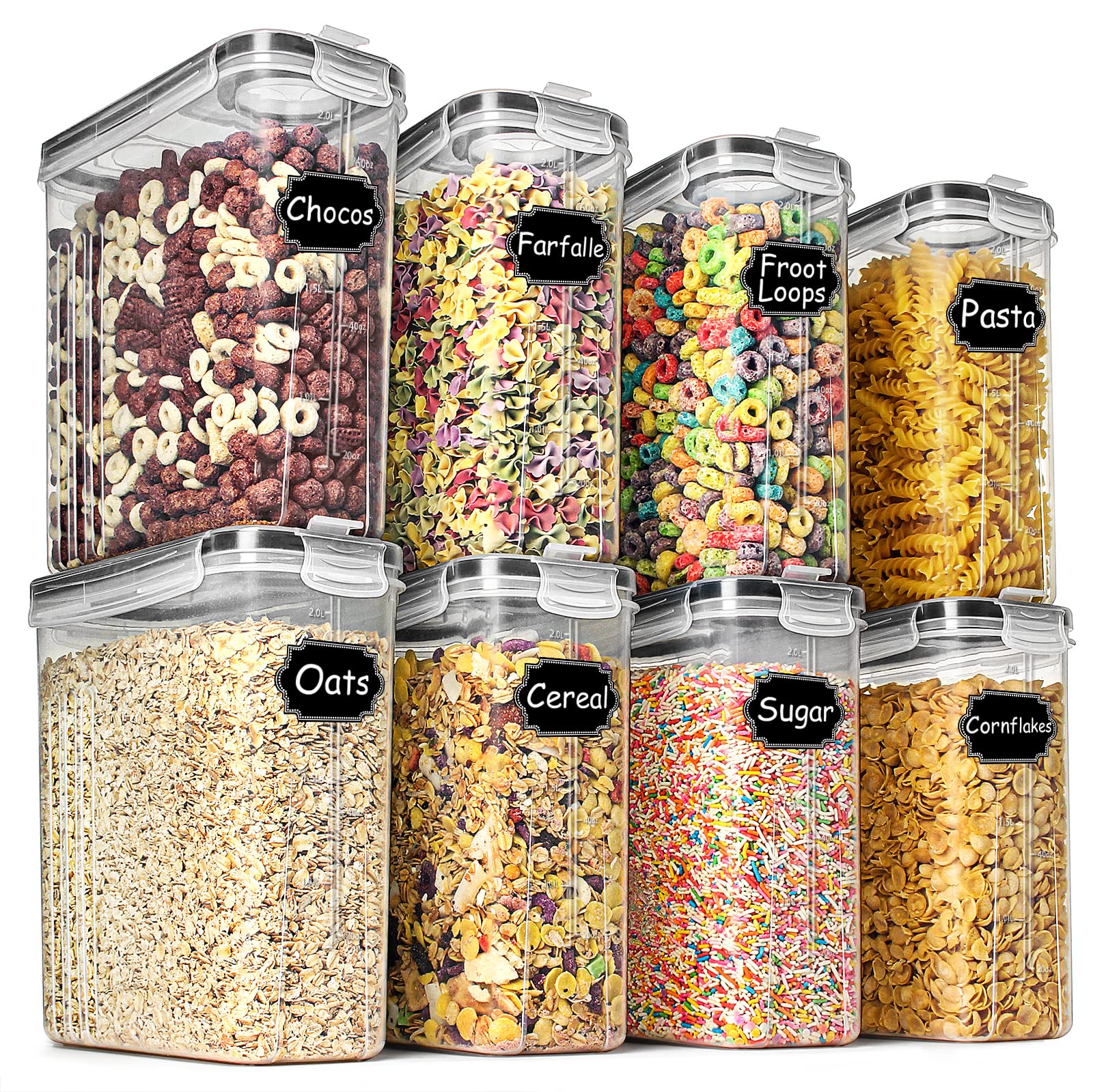 Cereal & Dry Food Storage Containers, Wildone Airtight Cereal Storage Containers Set of 8 [2.5L / 85.4oz] for Sugar, Flour, Snack, Baking Supplies, Leak-proof with Black Locking Lids