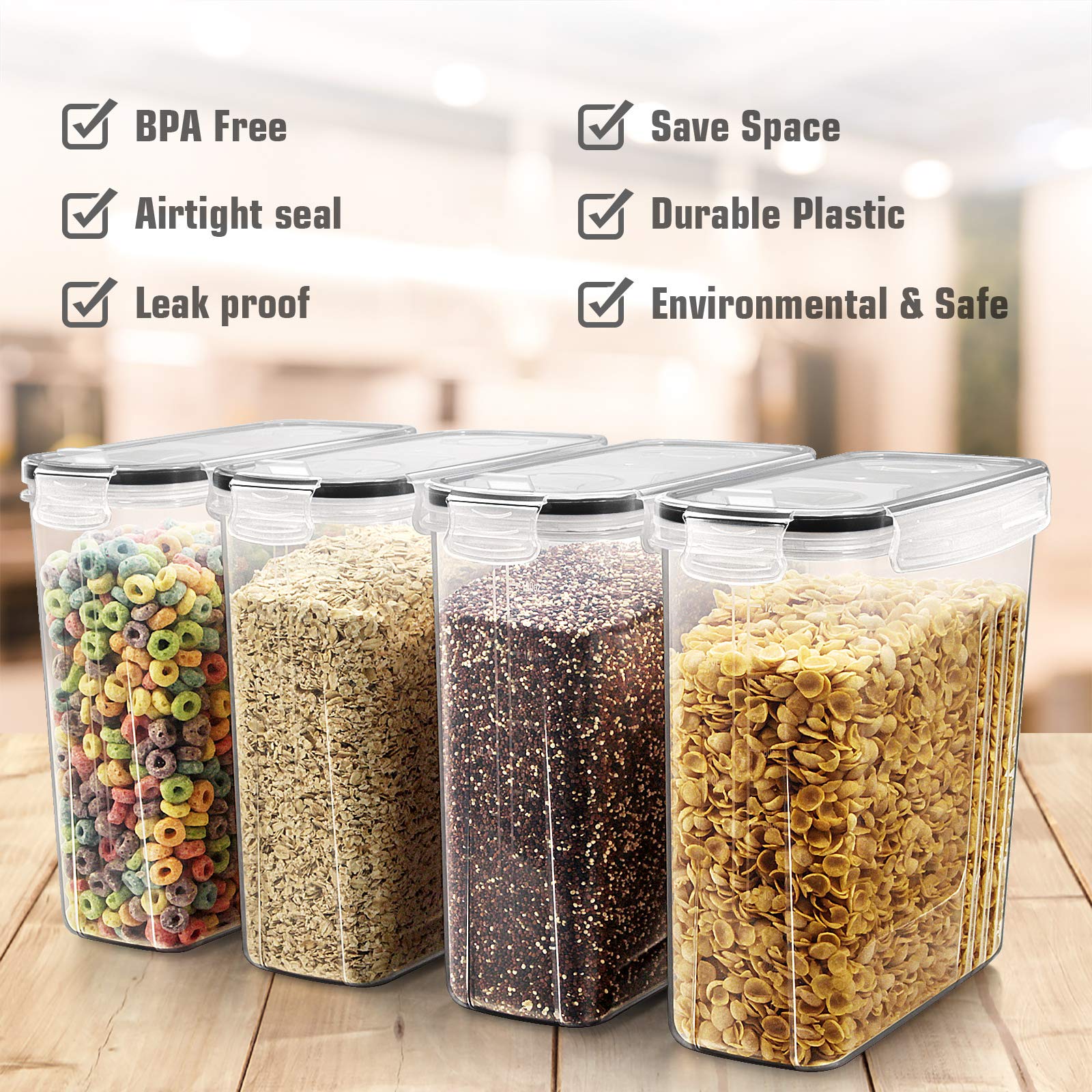 Cereal & Dry Food Storage Containers, Wildone Airtight Cereal Storage Containers Set of 8 [2.5L / 85.4oz] for Sugar, Flour, Snack, Baking Supplies, Leak-proof with Black Locking Lids