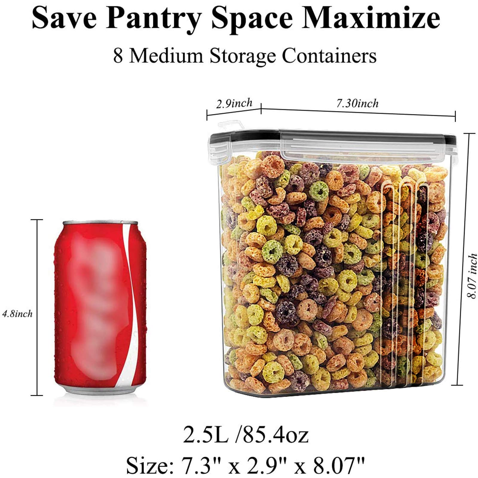 Cereal & Dry Food Storage Containers, Wildone Airtight Cereal Storage Containers Set of 8 [2.5L / 85.4oz] for Sugar, Flour, Snack, Baking Supplies, Leak-proof with Black Locking Lids