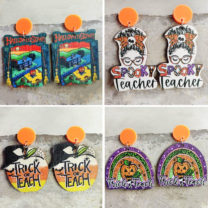 Teacher Earrings Acrylic Rainbow Pencil Book Drop Dangle Wood Earrings Rainbow Pumpkin Apple Spider Bat Stud Earrings Back To School Gift for Teachers Appreciation Day Halloween Gifts-D apple