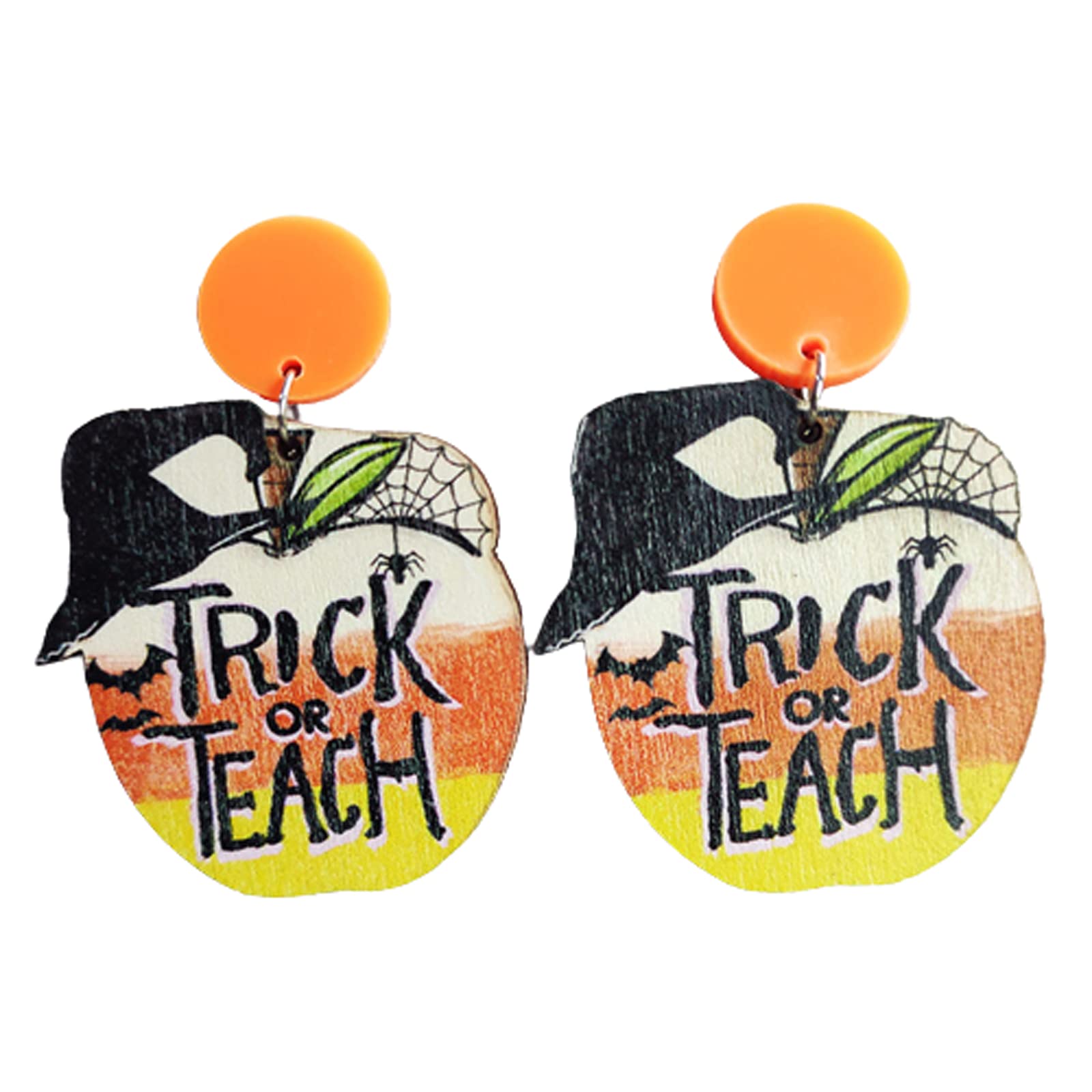Teacher Earrings Acrylic Rainbow Pencil Book Drop Dangle Wood Earrings Rainbow Pumpkin Apple Spider Bat Stud Earrings Back To School Gift for Teachers Appreciation Day Halloween Gifts-D apple