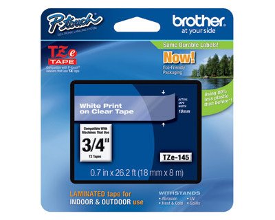 Brother Part# TZe-145 Label Tape (OEM) 3/4" White on Clear