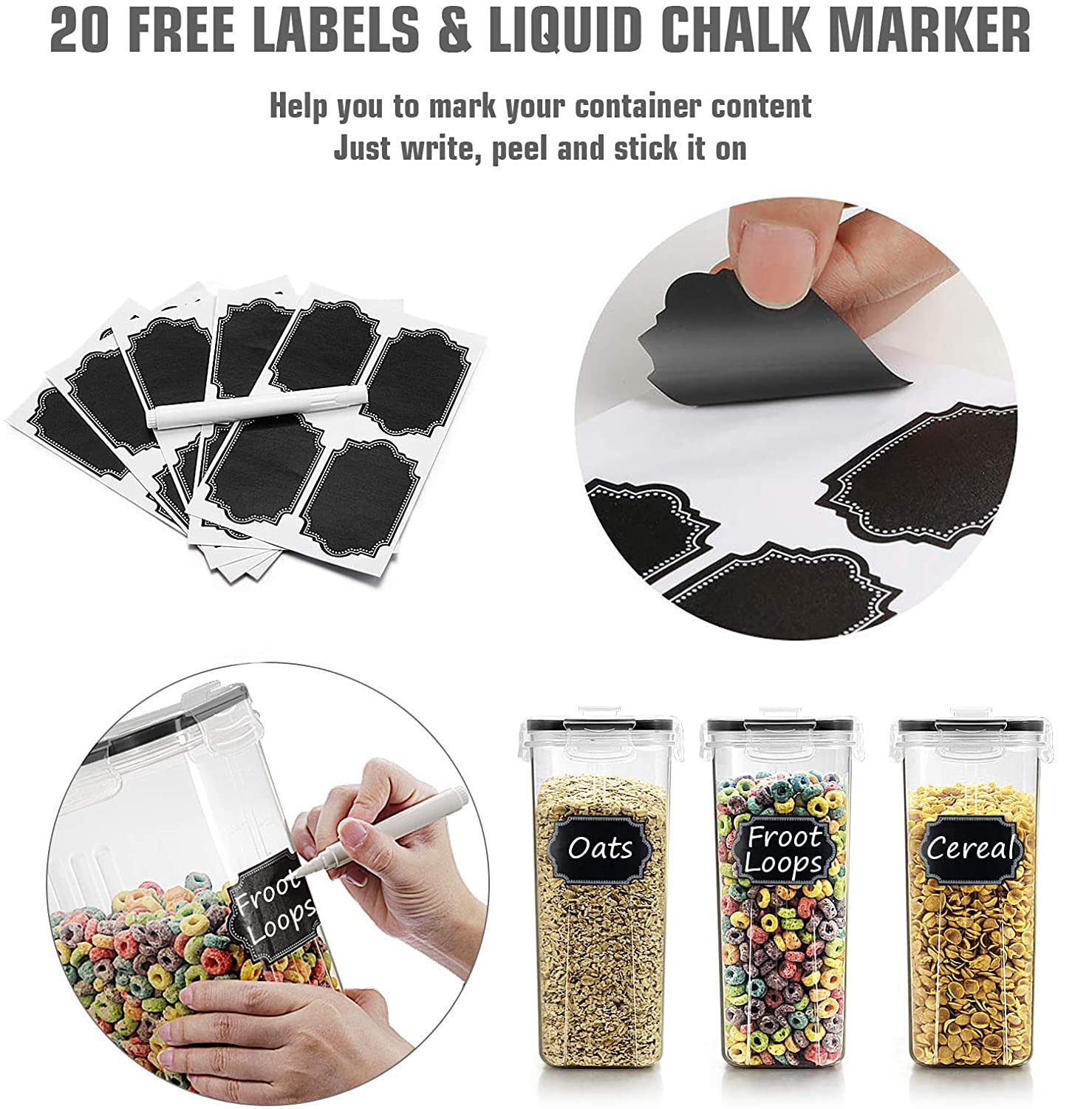 Cereal & Dry Food Storage Containers, Wildone Airtight Cereal Storage Containers Set of 8 [2.5L / 85.4oz] for Sugar, Flour, Snack, Baking Supplies, Leak-proof with Black Locking Lids