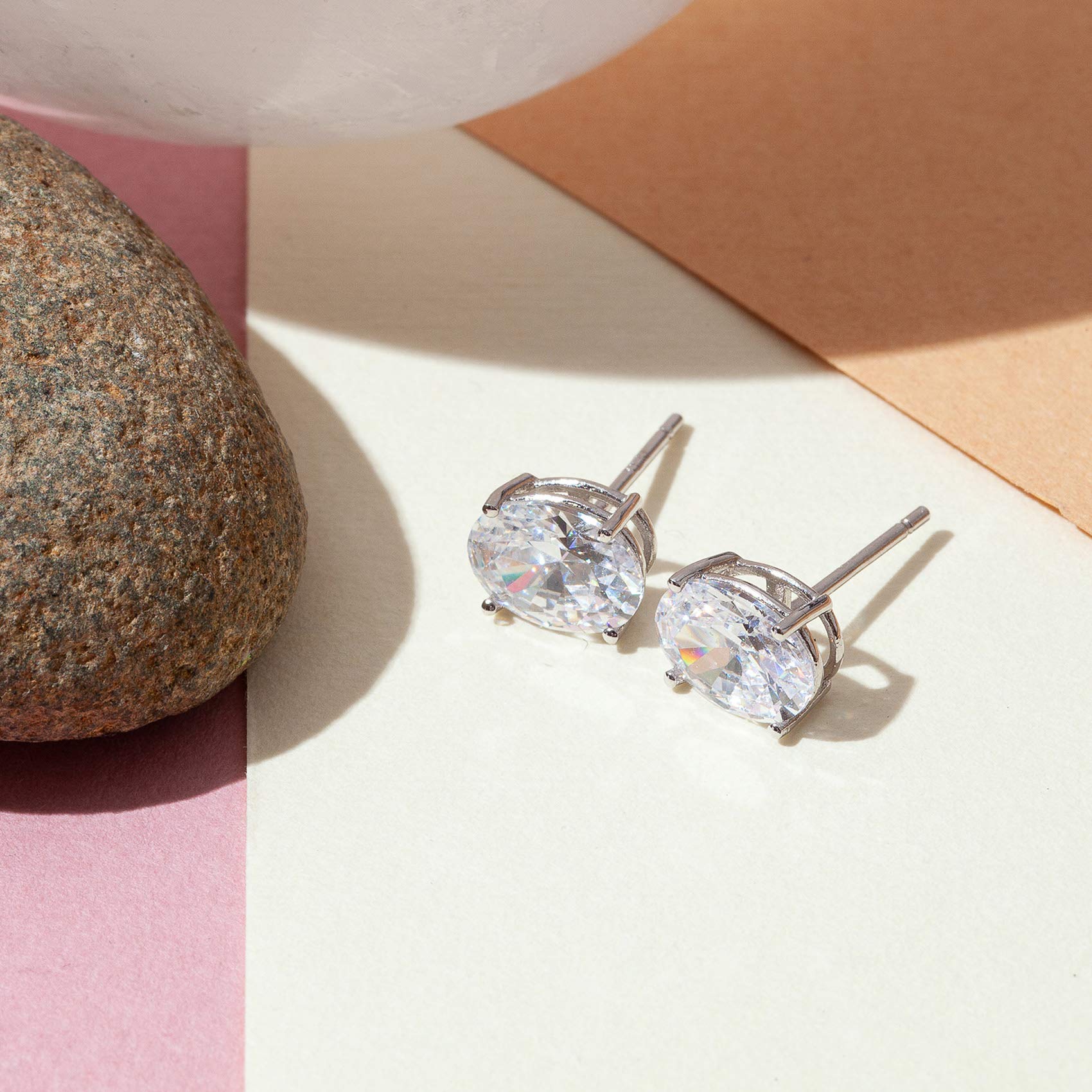 PAVOI 14K White Gold Plated Sterling Silver Cubic Zirconia Stud Earrings for Women Oval 6x8mm