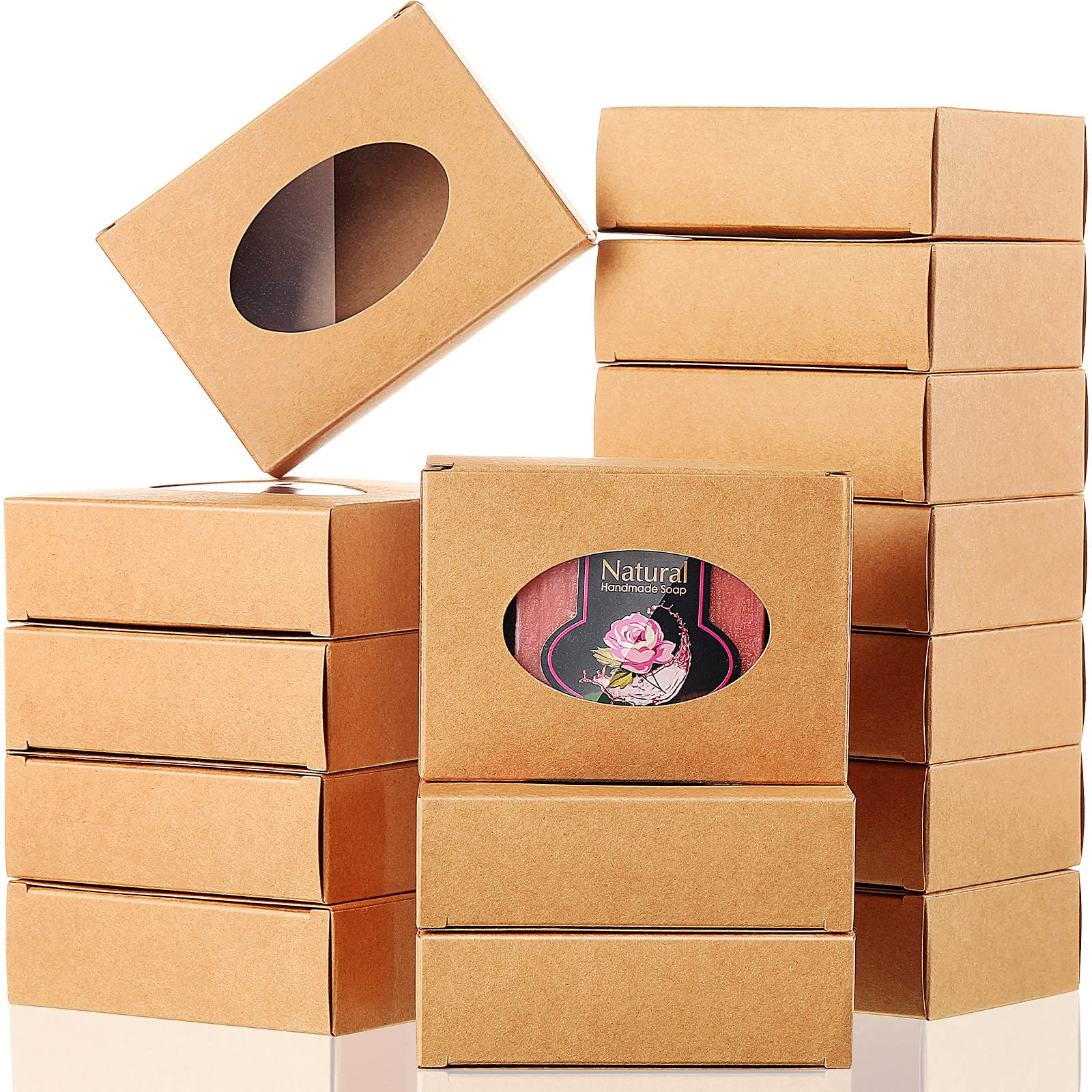 60 Pack Soap Boxes for Homemade Soap Kraft Soap Making Supplies Soap Box with Window Soap Packaging Boxes Oval Window Box for Bakery Candy Party Treats, 3.8 x 2.8 x 1.2 Inch (Black)