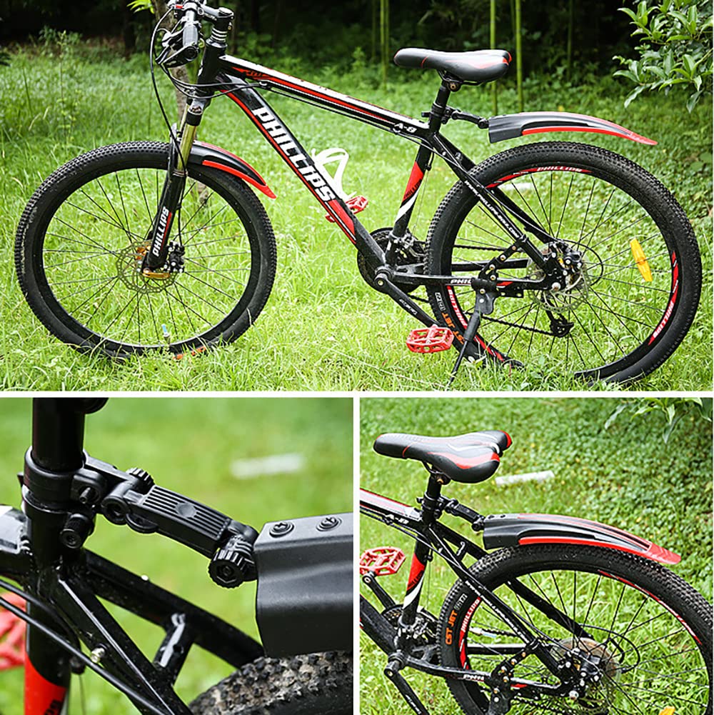 WIROJ Adjustable Road Mountain Bike Bicycle Cycling Tire Front and Rear Mud Guards Mudguard Fenders Set (Red & Black)