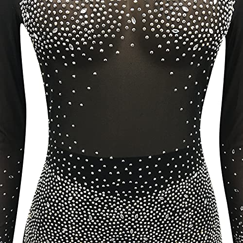 Uni Clau Women Sexy Sequin Diamond See Through Bodycon Jumpsuit Long Sleeve Mesh Sheer Skinny Short Pants Romper Jumpsuit Black L