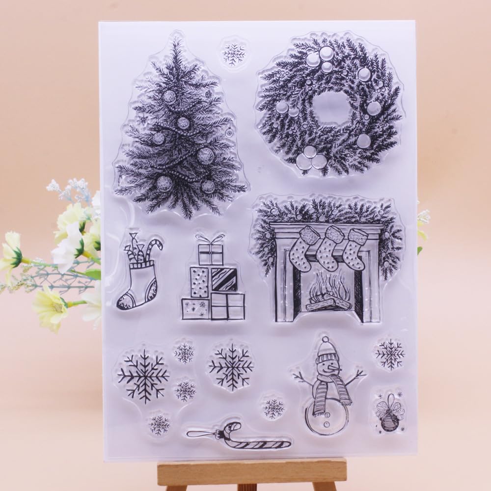 NZJ Merry Christmas Garland Christmas Tree Decoration Clear Stamp Background Transparent Silicone Stamp Spill and Splatter Rubber Stamp for Scrapbook Journal Card Making 4.3 x 6.3 Inch