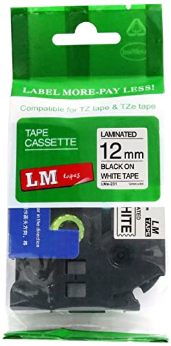 LM Tapes - Premium 1/2" (12mm) Black on White Compatible TZe P-Touch Tape for use with Brother PT-2030, PT2030, PT-2030AD, PT2030AD Ptouch Label Printer Includes Tape Size/Color Guide.