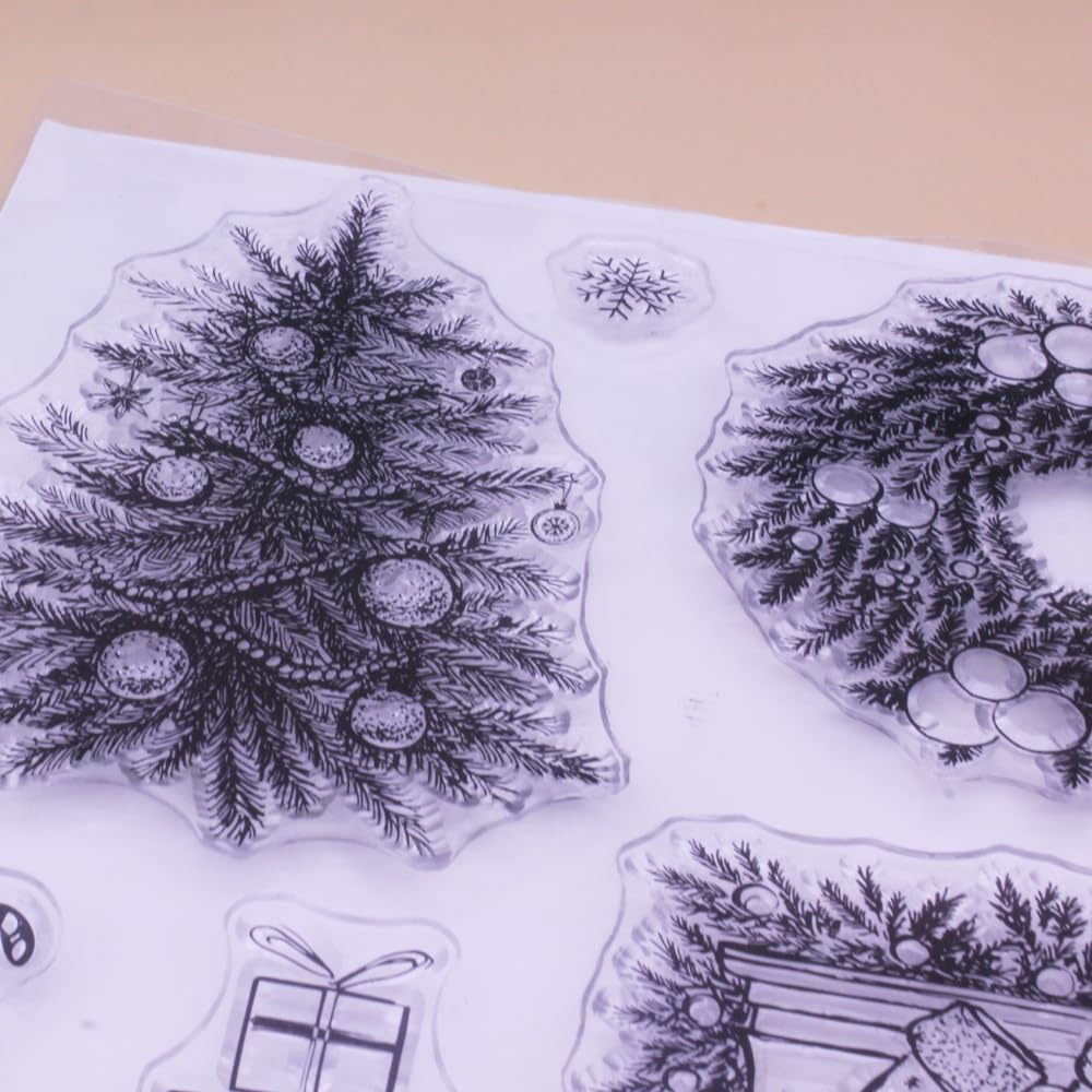 NZJ Merry Christmas Garland Christmas Tree Decoration Clear Stamp Background Transparent Silicone Stamp Spill and Splatter Rubber Stamp for Scrapbook Journal Card Making 4.3 x 6.3 Inch