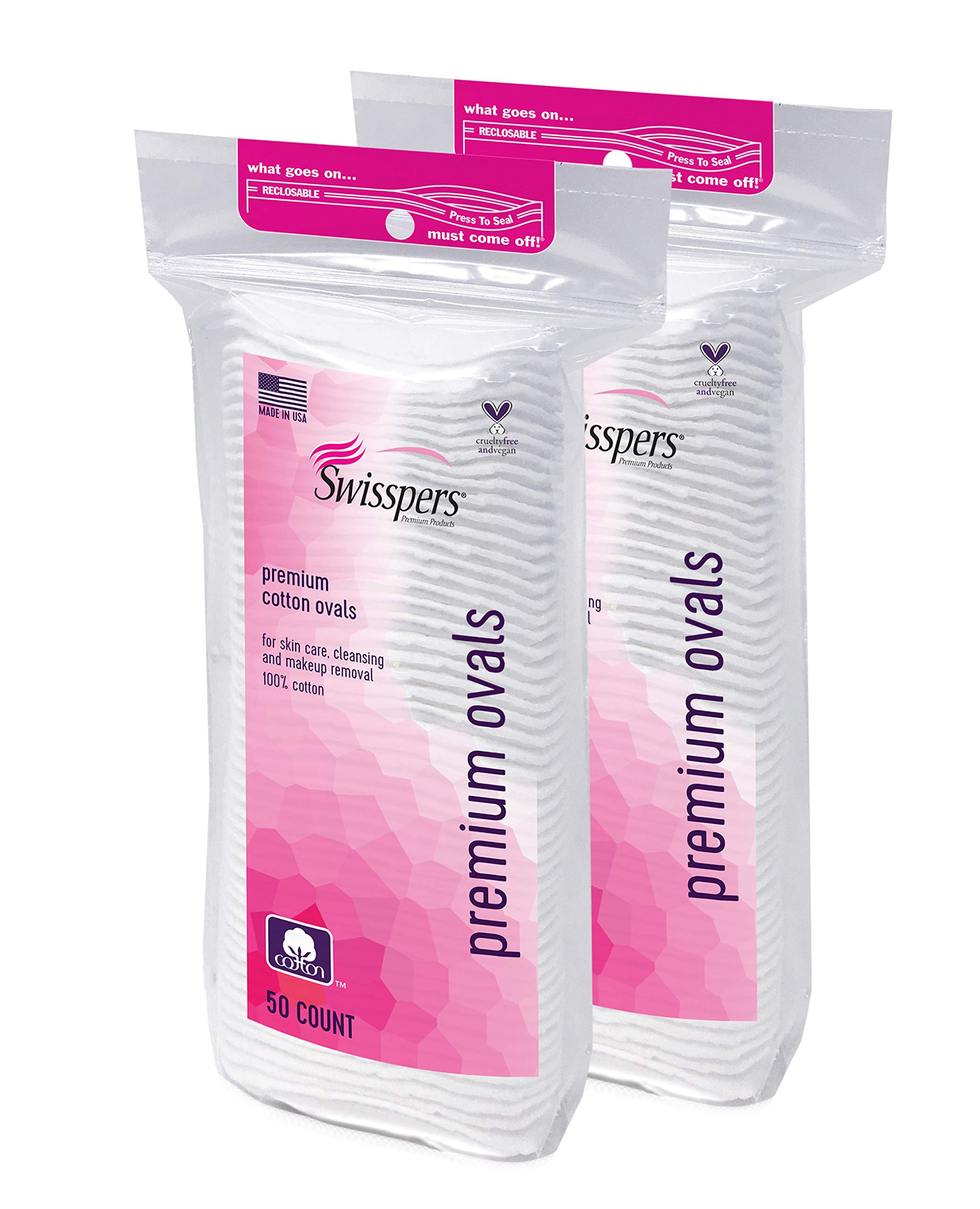 Swisspers Premium 100 Percent Cotton Ovals, Reclosable Bags, 50 Count Bags, 2 Pack (100 Count Total)