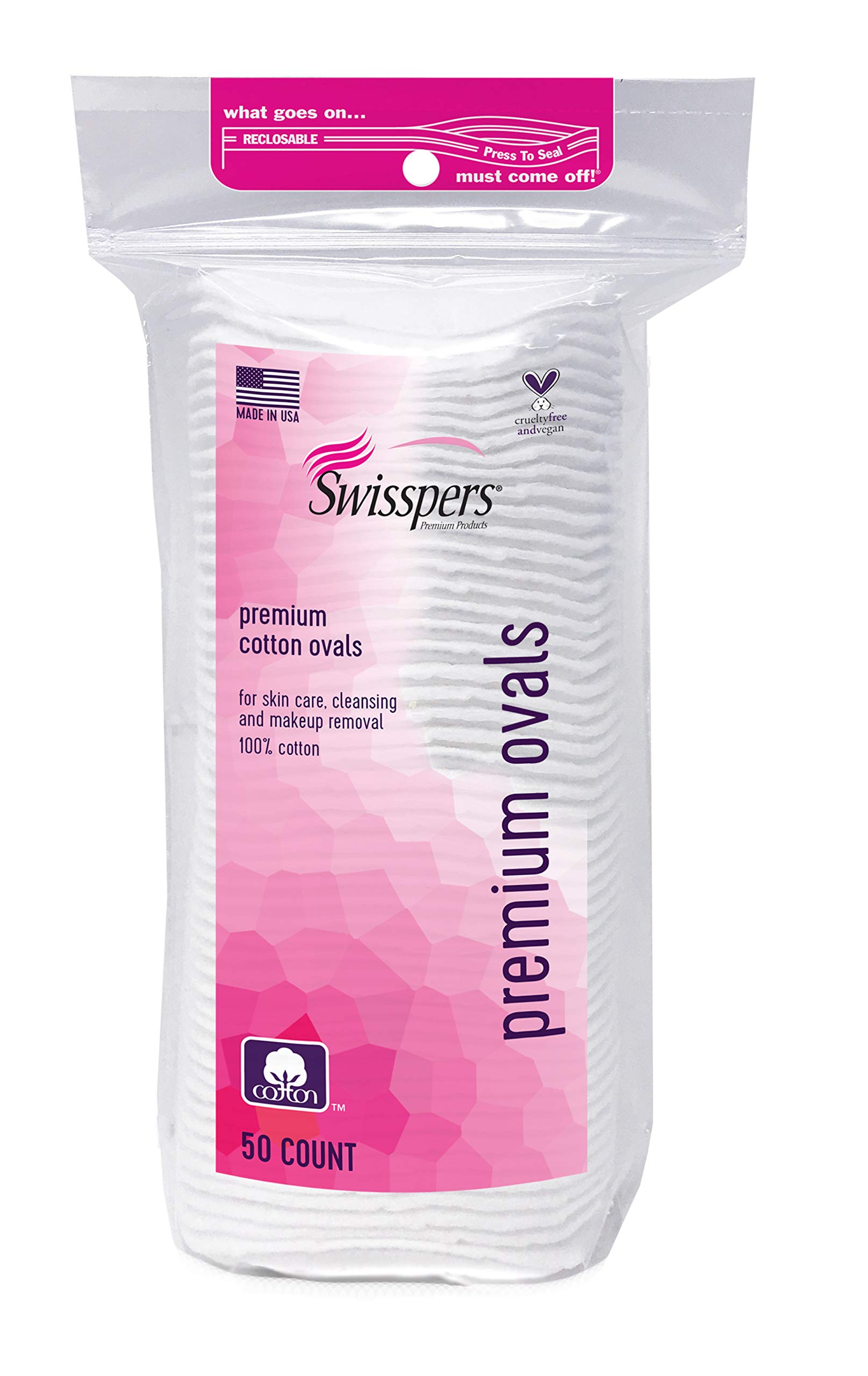 Swisspers Premium 100 Percent Cotton Ovals, Reclosable Bags, 50 Count Bags, 2 Pack (100 Count Total)