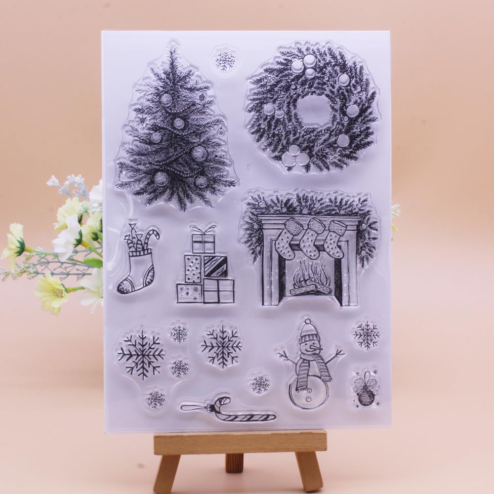 NZJ Merry Christmas Garland Christmas Tree Decoration Clear Stamp Background Transparent Silicone Stamp Spill and Splatter Rubber Stamp for Scrapbook Journal Card Making 4.3 x 6.3 Inch