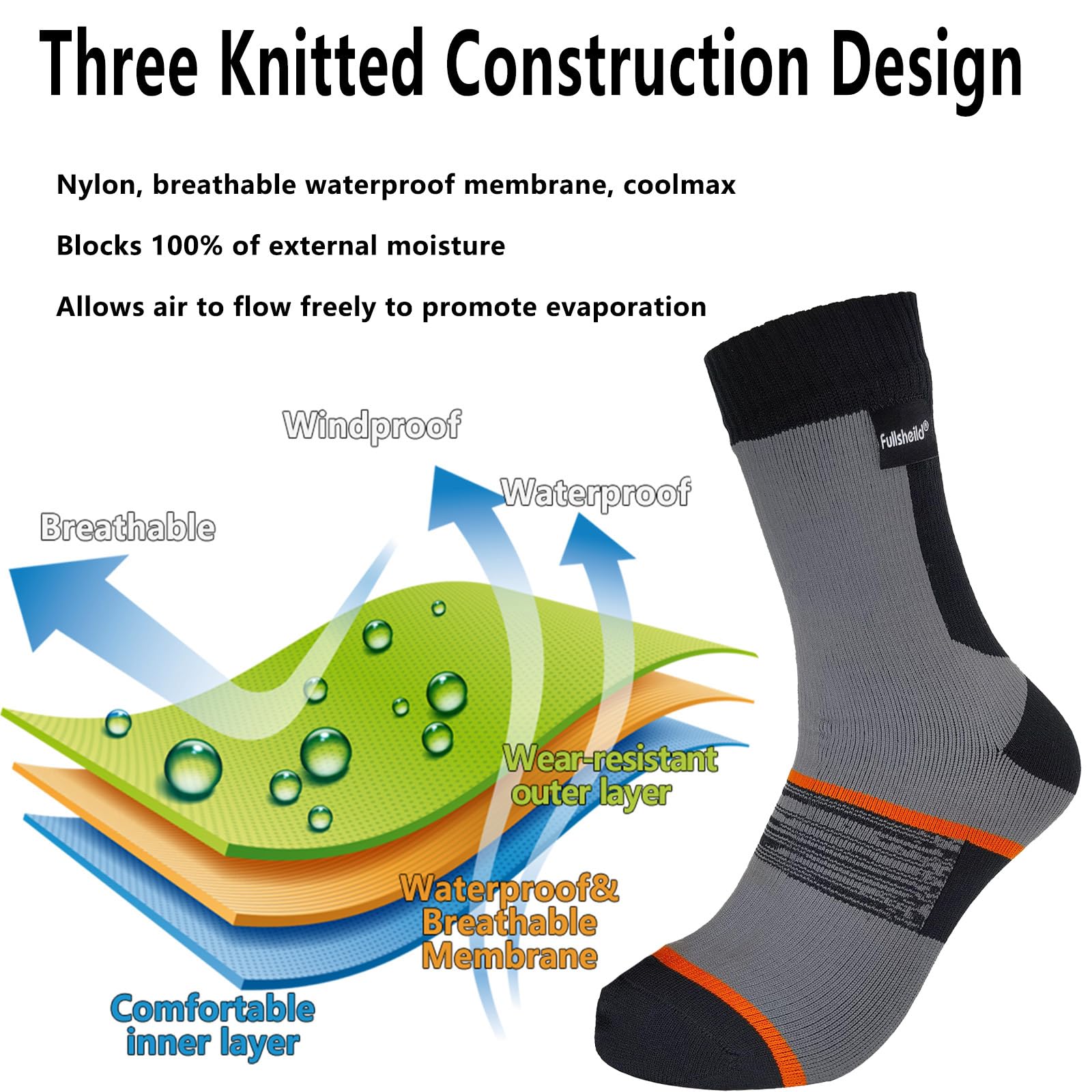 Fullsheild Waterproof Socks Unisex Waterproof Breathable Socks Outdoor Hiking Wading Fishing Trail Golf Socks for Men Women