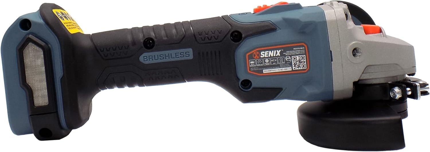 SENIX X2 20 Volt Max* 4-1/2-Inch Brushless Angle Grinder Tool, 8500 RPM Max, 3-Position Auxiliary Handle, Spring-Loaded Safety Slide Switch, 2.5 Ah Battery and Charger Included (PAX2115-M2)
