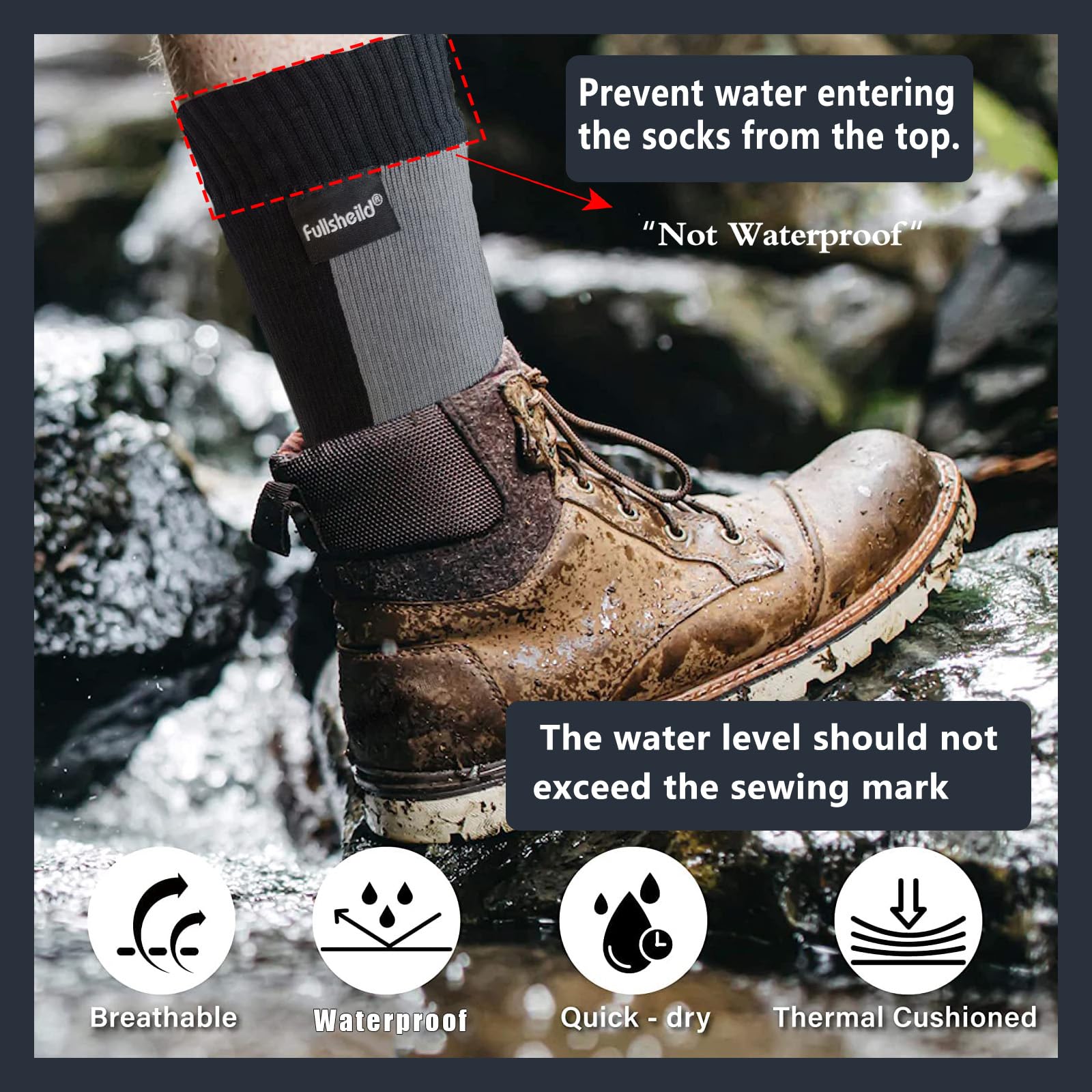 Fullsheild Waterproof Socks Unisex Waterproof Breathable Socks Outdoor Hiking Wading Fishing Trail Golf Socks for Men Women