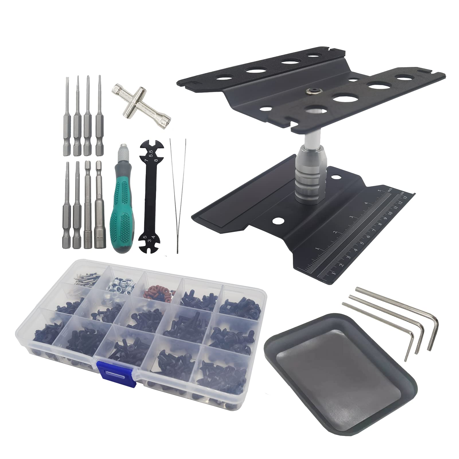 RC Stand Repair Workstation 360 Degree Rotation Lift Lower and 523pcs RC Screws Kit & Screwdrivers Set for 1/8 1/10 1/12 1/16 1/18 Scale Traxxas Arrma Redcat HSP Axial RC Cars Trucks Buggy (Black)