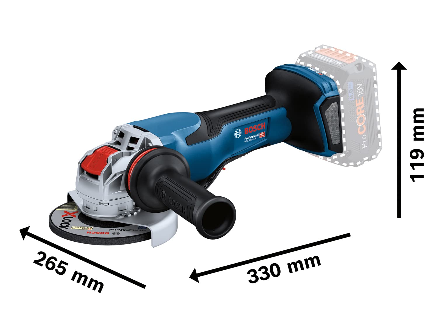 Bosch Professional BITURBO with X-Lock Cordless Angle Grinder GWX 18V-15 P (Power as a Corded 1,500 W, Without Batteries and Charger, in Cardboard Box)