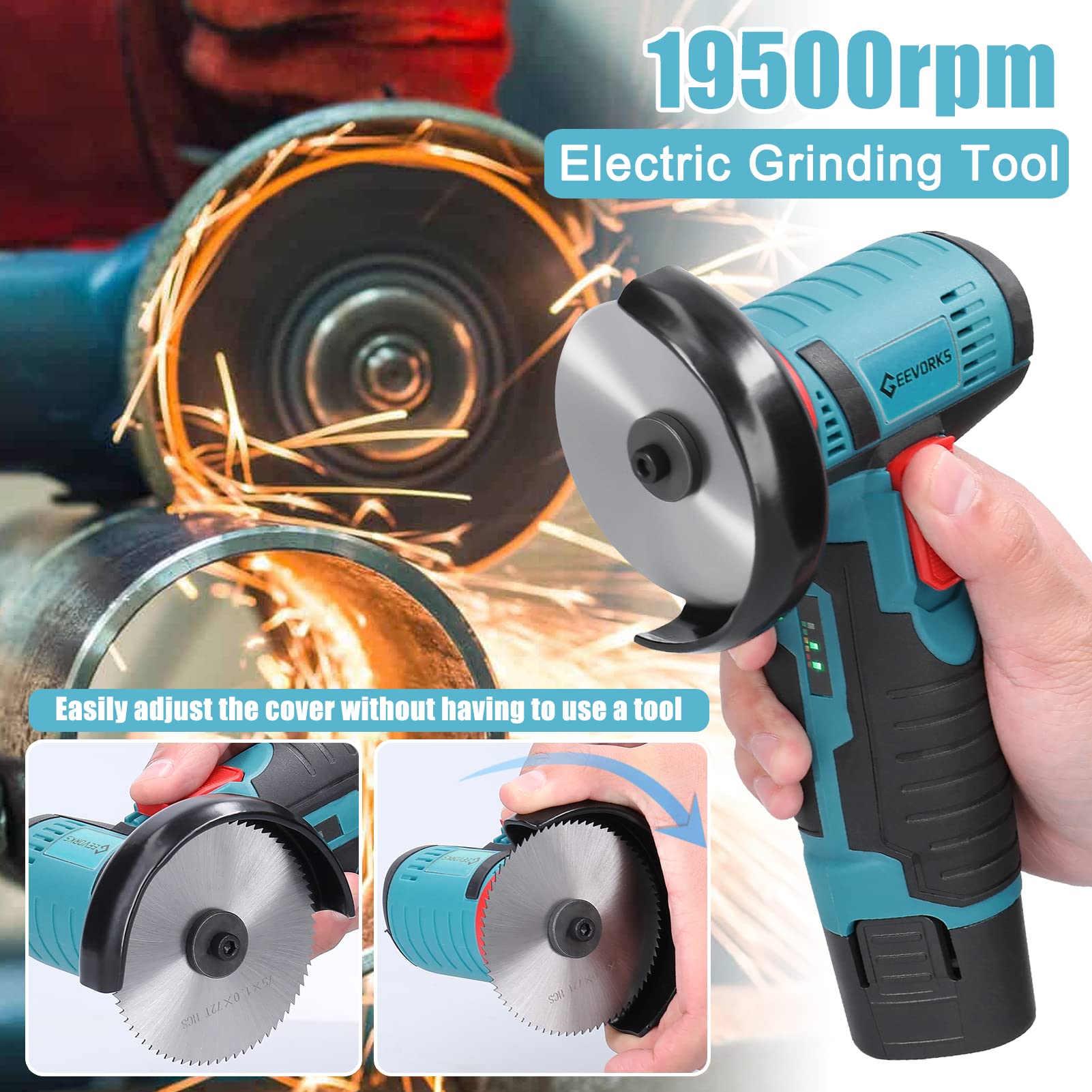 Angle Grinder, Geevorks Grinders Power Tools 12V 19500RPM, Mini Angle Grinder Cordless with 2PCS 1500mAh Battery/Nylon Cutting Blade-s/Grinding Disc/Metal Cutting Disc, Blue