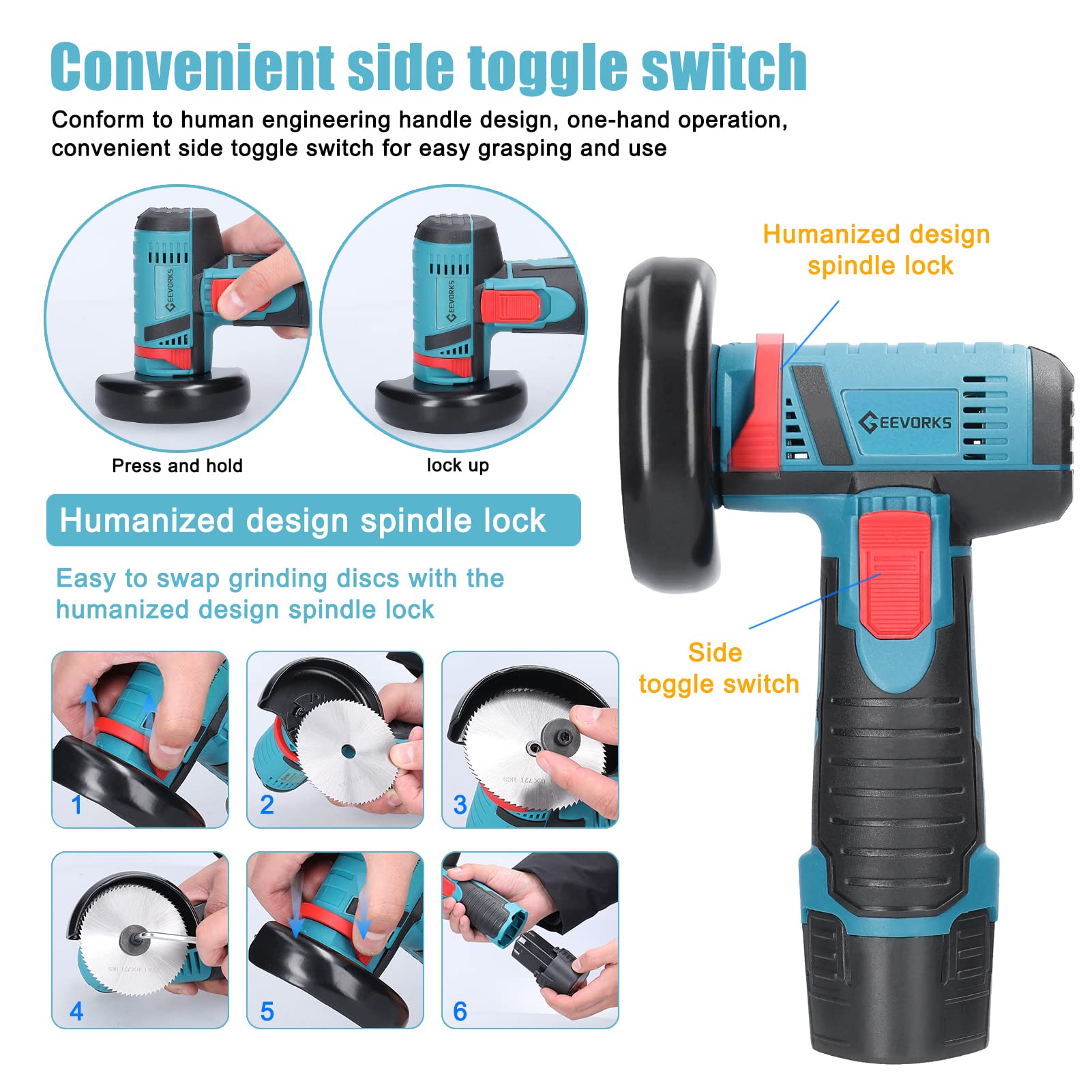 Angle Grinder, Geevorks Grinders Power Tools 12V 19500RPM, Mini Angle Grinder Cordless with 2PCS 1500mAh Battery/Nylon Cutting Blade-s/Grinding Disc/Metal Cutting Disc, Blue