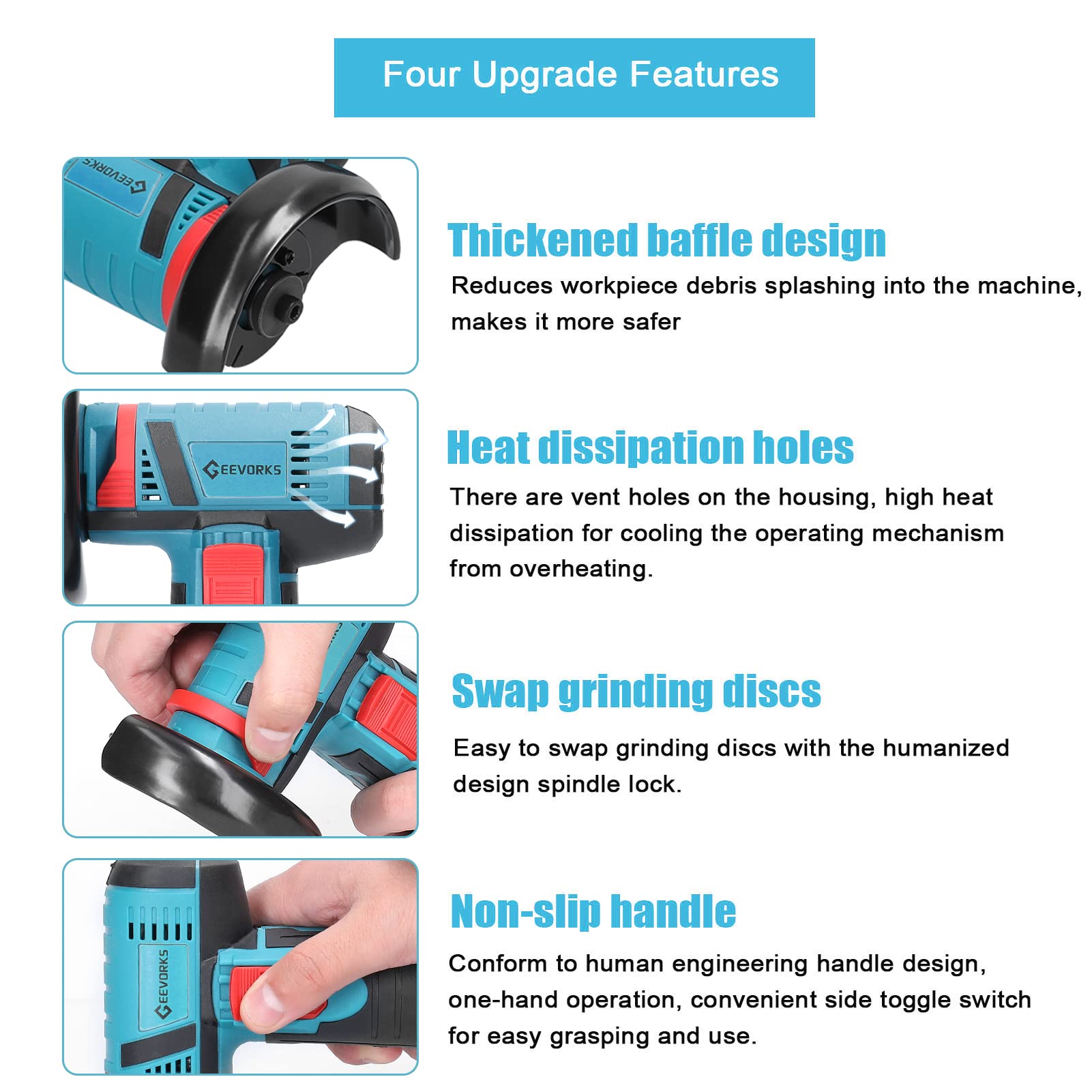 Angle Grinder, Geevorks Grinders Power Tools 12V 19500RPM, Mini Angle Grinder Cordless with 2PCS 1500mAh Battery/Nylon Cutting Blade-s/Grinding Disc/Metal Cutting Disc, Blue