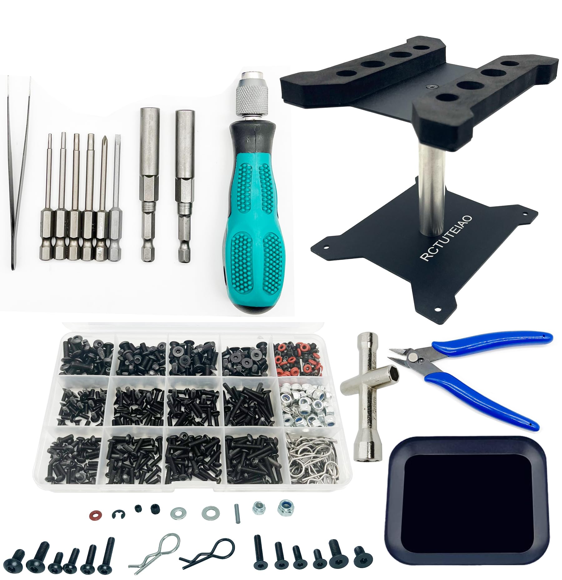 RC Car Tool Stand Repair Work RC Screws Kit 600PCS & RC Screwdrivers and Screws Pallet Kit 360 Degree Rotation for 1/8 1/10 1/12 1/16 1/18 RC Car Truck Crawler (Black)