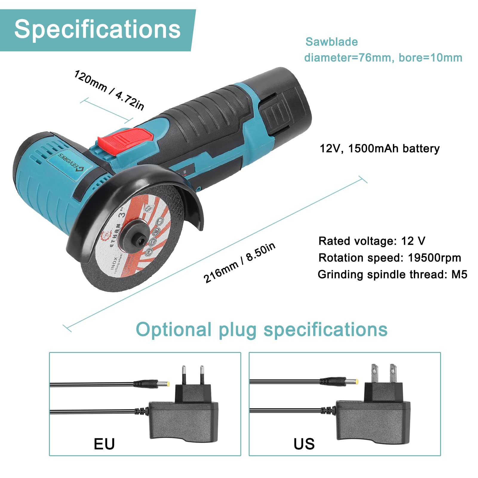 Angle Grinder, Geevorks Grinders Power Tools 12V 19500RPM, Mini Angle Grinder Cordless with 2PCS 1500mAh Battery/Nylon Cutting Blade-s/Grinding Disc/Metal Cutting Disc, Blue