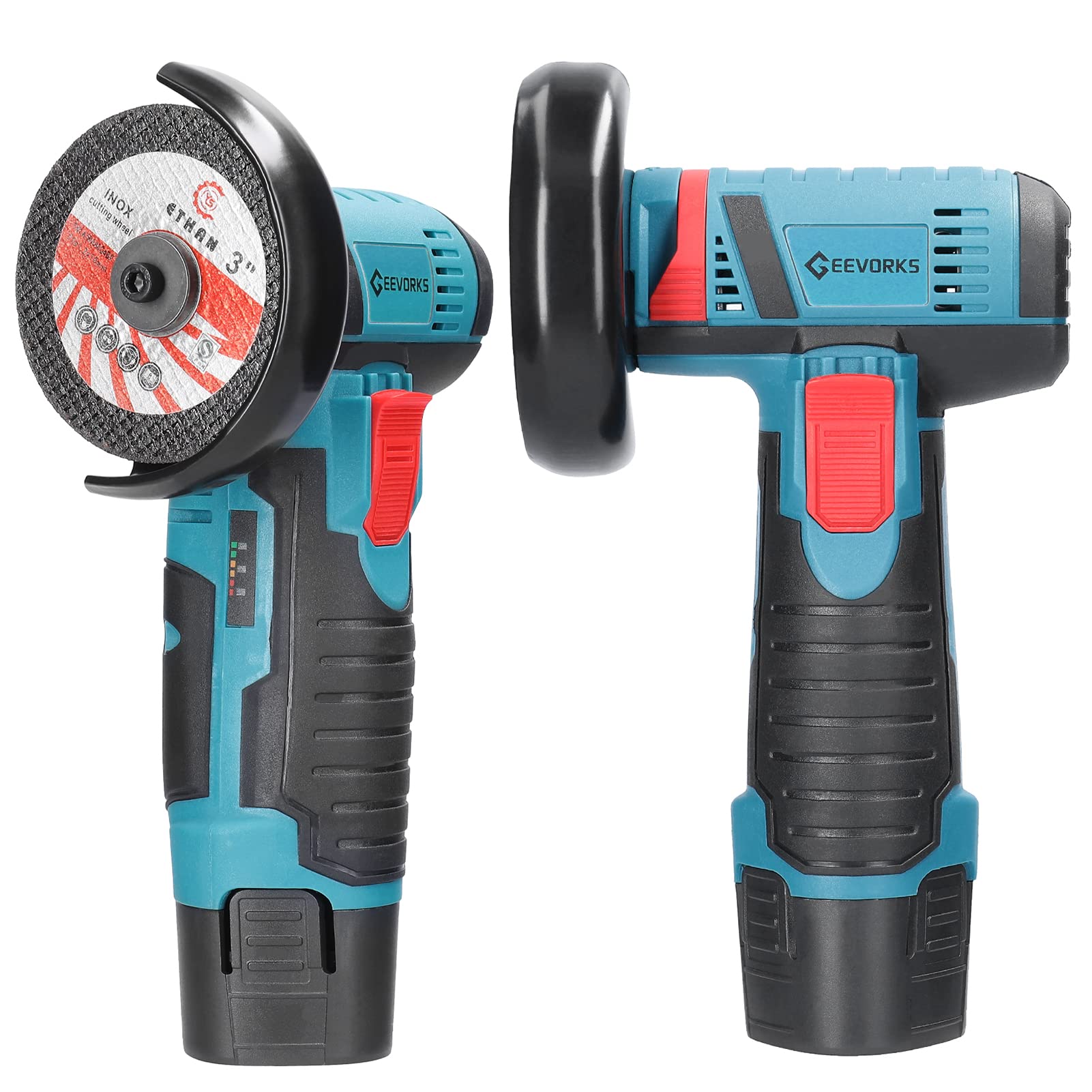 Angle Grinder, Geevorks Grinders Power Tools 12V 19500RPM, Mini Angle Grinder Cordless with 2PCS 1500mAh Battery/Nylon Cutting Blade-s/Grinding Disc/Metal Cutting Disc, Blue